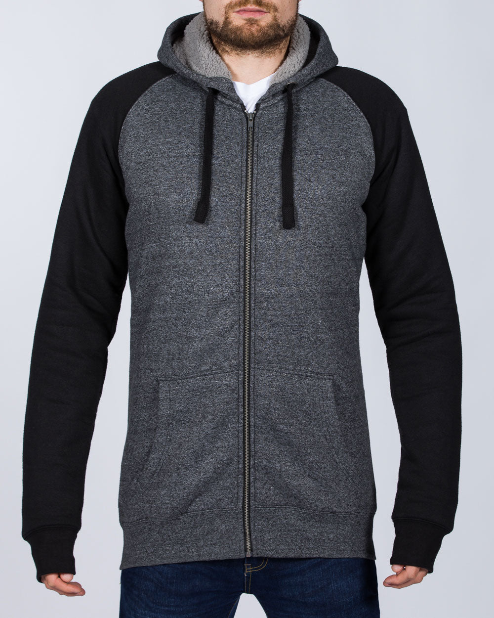 2t Zip Up Tall Sherpa Extra Long Longer Mens Hoodie (grey/black) | Tall ...